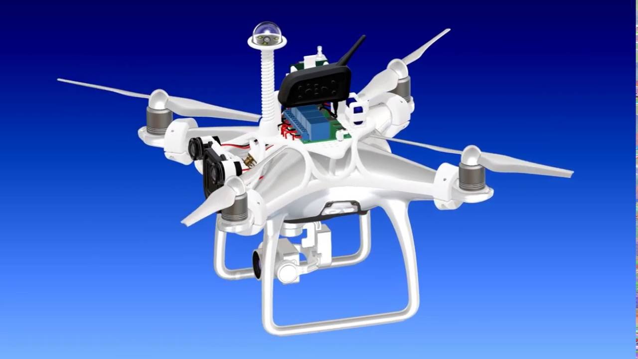 Flying megaphone with remote controlled searchlight for DJI Phantom 4 ...