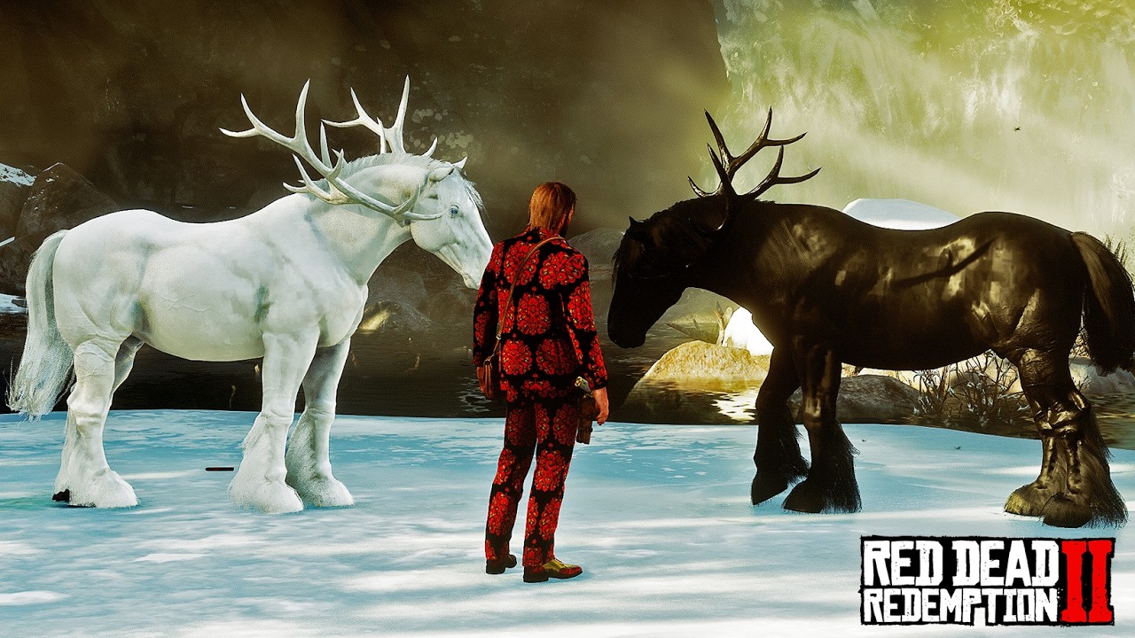 Arthur Morgan Tames Two Legendary Black & White Horses at a Frozen ...