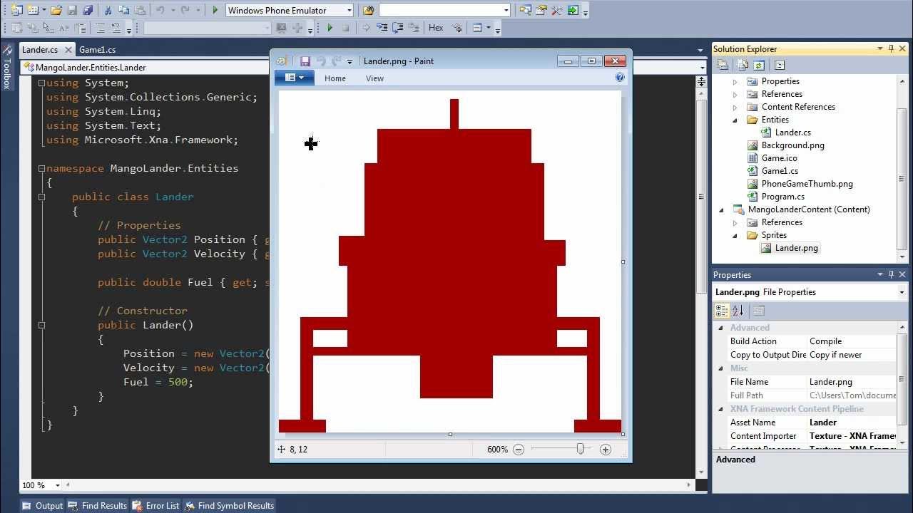 Windows Phone 7 XNA Game Tutorial Ep 2 - Drawing & Physics Part 1 - MangoLander - YouTube