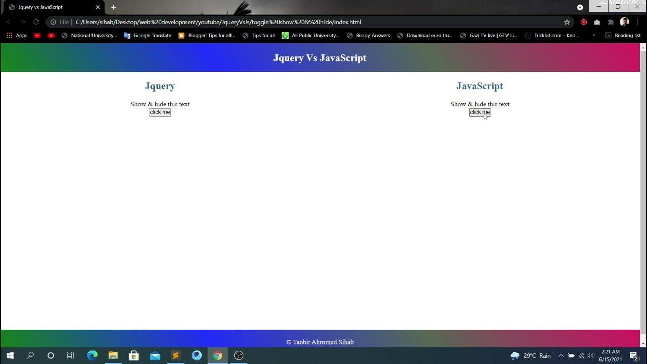 toggle show & hide| jquery vs js| tas world - YouTube