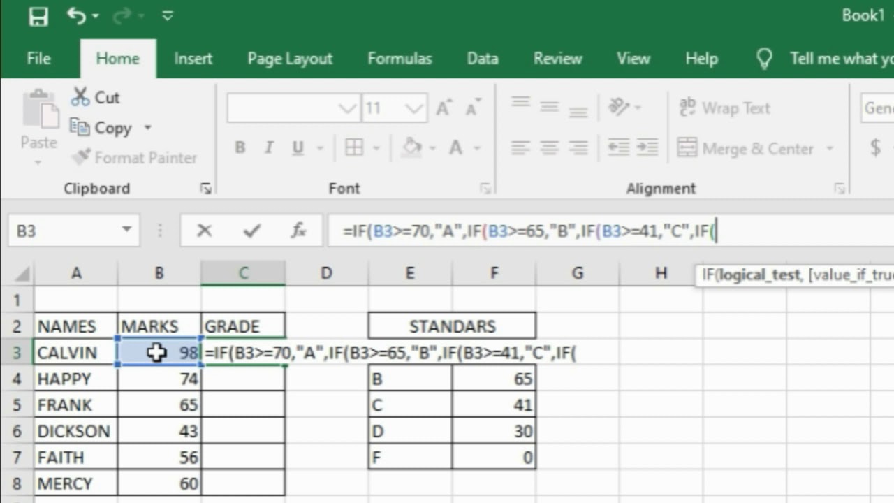 How to use IF Function to arrange GRADE of scores for examples in exam ...