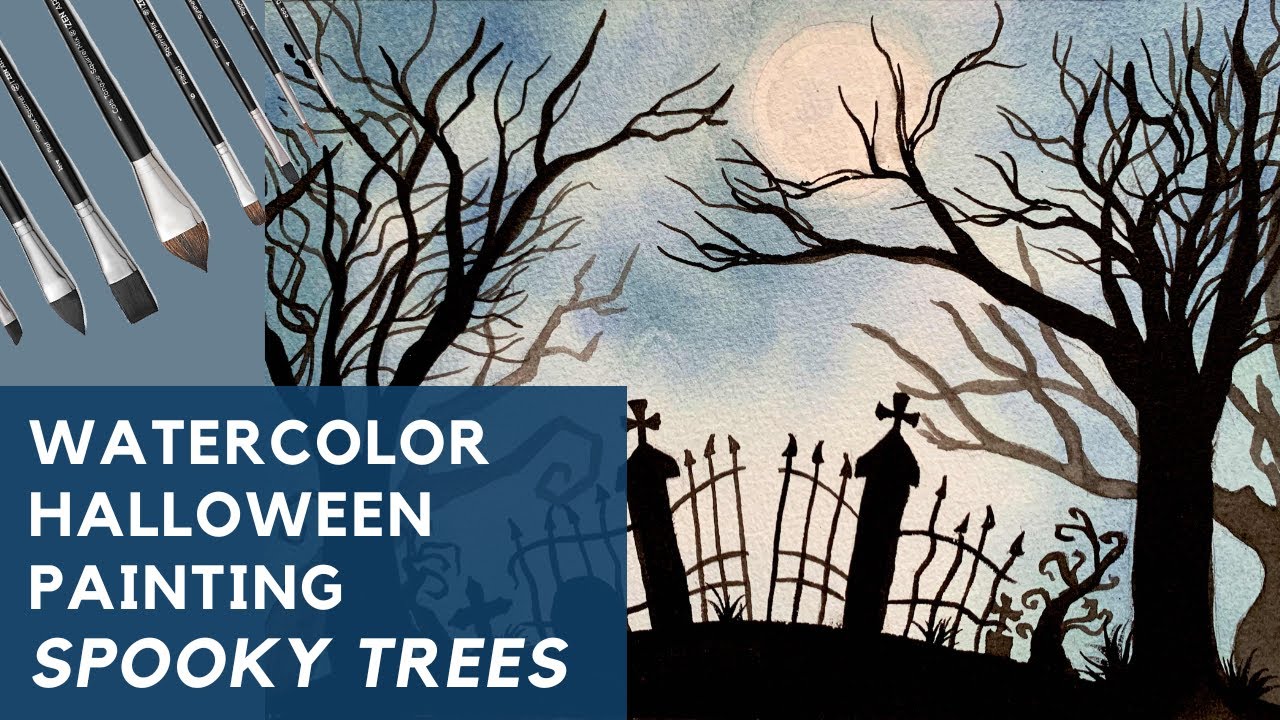 Watercolor Halloween Painting - Spooky Trees | Watercolor Spooky Forest ...