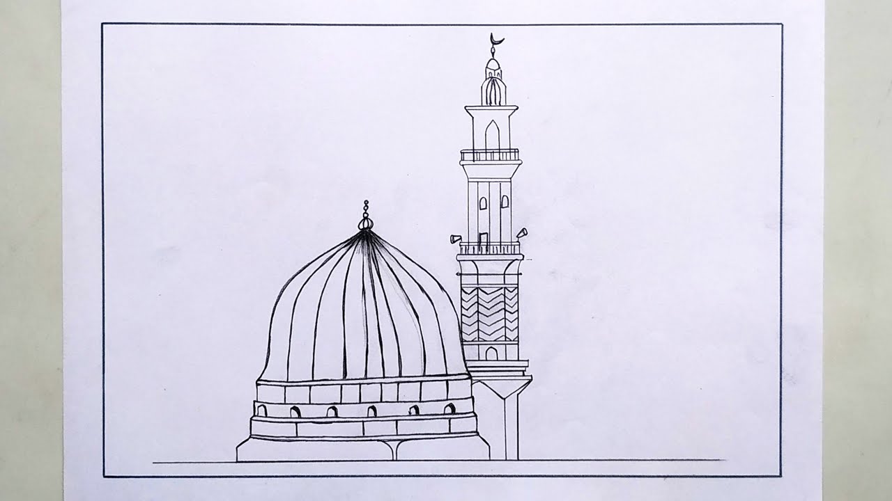 Masjid-e-Nabvi Drawing Tutorial step by step || How to Draw Madina Very ...