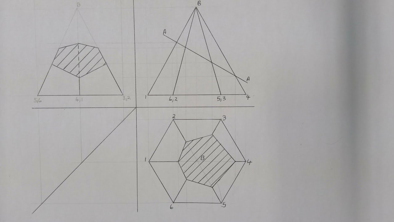 Hexagonal pyramid cut, showing the cutting plane in the top and right ...