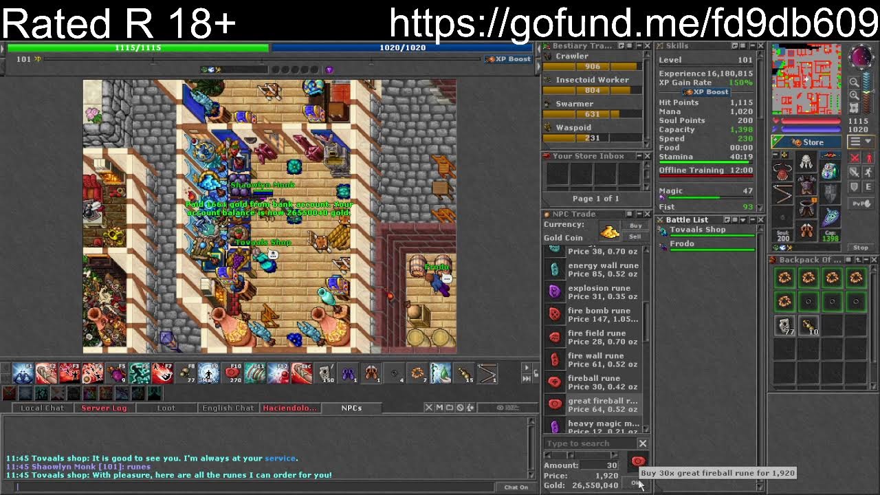 Tibia Shaowlyn Monk Grind to level 200 /Bestiary / New Monk Vocation!! - YouTube