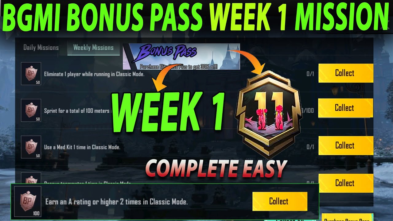 BGMI A11 BONUS PASS DAILY MISSIONS | A11 BONUS PASS WEEKLY MISSIONS IN BGMI BONUS PASS MISSIONS ...