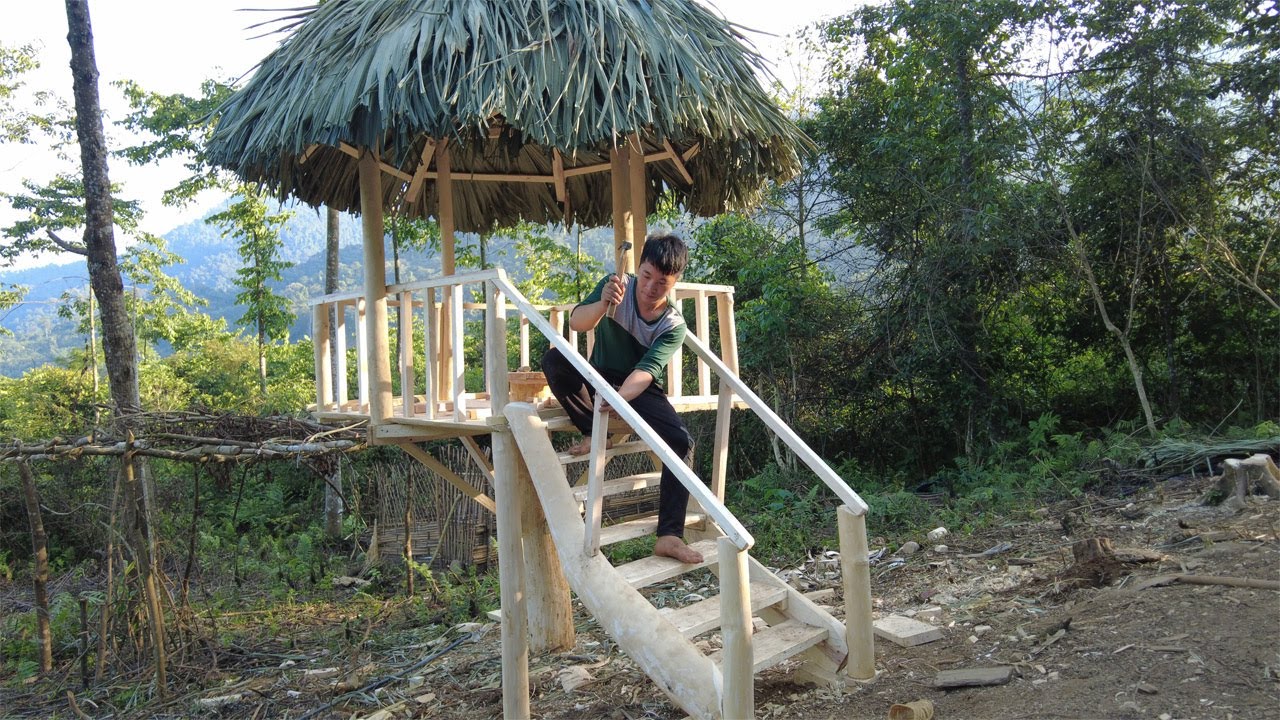 Building Complete Wooden Hut, Build Wooden Stairs and Railings - Green ...