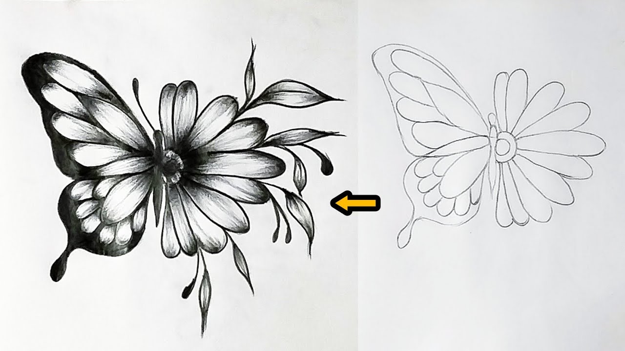 how to draw a flower with a butterfly || butterfly and flower drawing ...