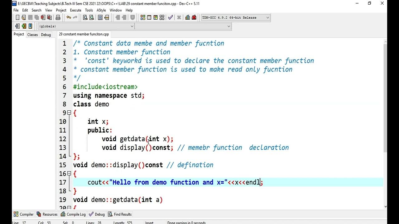 B.Tech CSE OOP 2022 | Constant Data Member and Constant Member Function - YouTube