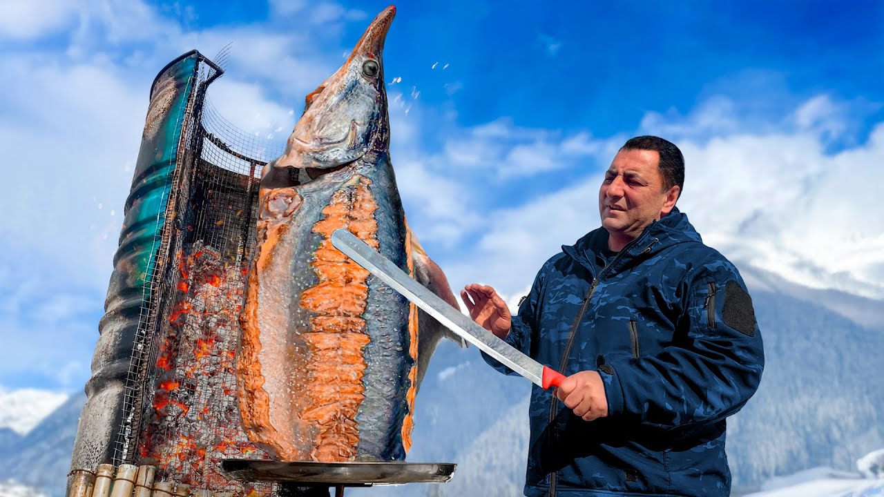 Grill for Giant Sturgeon 🐟🔥 – Winter Cooking in Azerbaijan’s Village ...