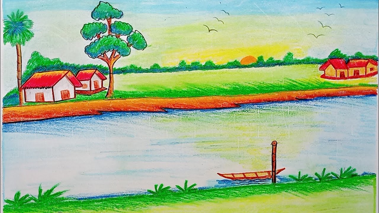 Easy river side village scenery drawing | riverside boat drawing - YouTube