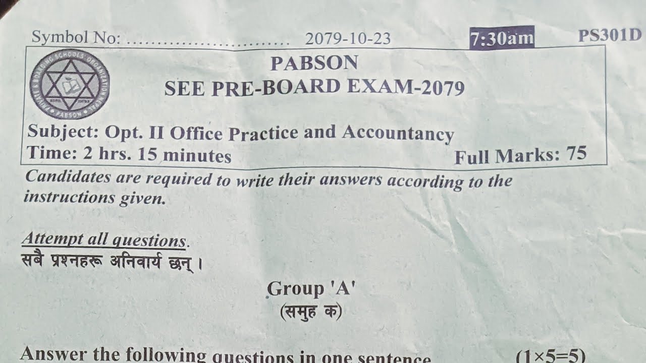 Latest Account Question for SEE from PABSON,Pre Board Exam 2079 ...