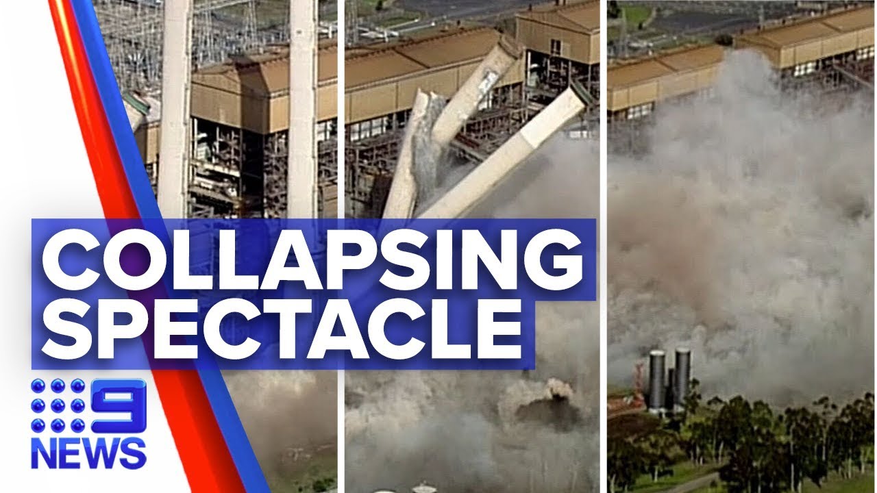 Power plant chimneys fall in spectacular scene | Nine News Australia ...