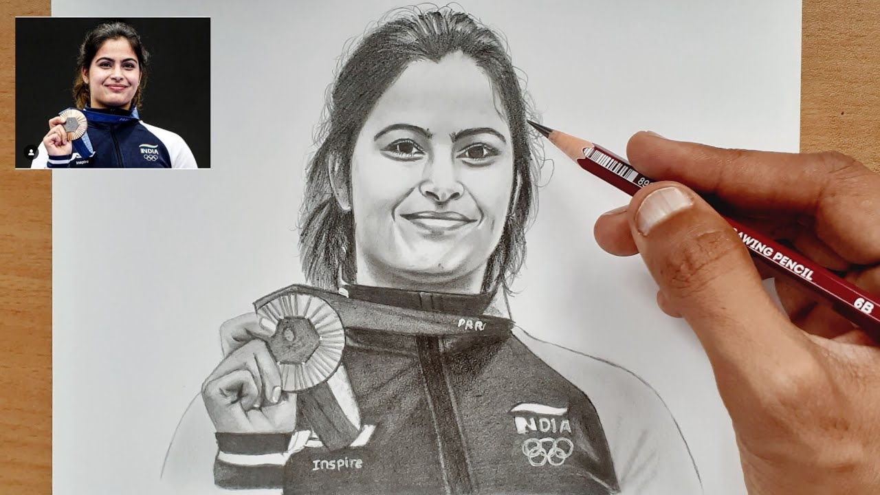 How to draw manu bhaker | Olympic 2024 | graphite drawing ? - YouTube