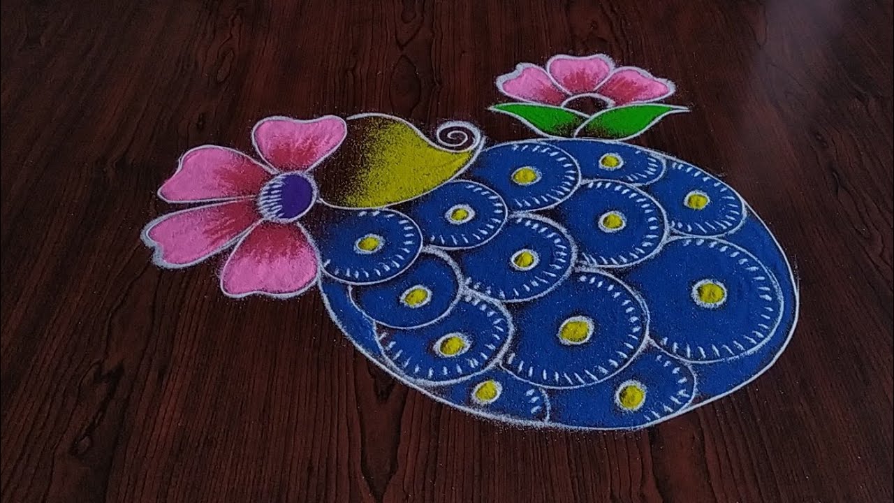New year special rangoli ...2020//Free hand beautiful peacock Rangoli ...