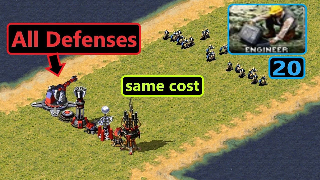 All Base Defenses vs Engineers - same cost - Red Alert 2 - YouTube