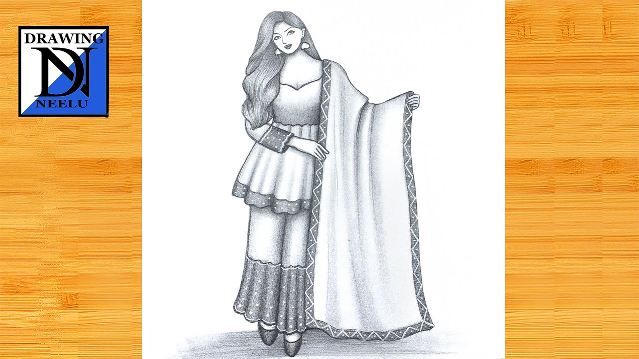 How to draw Girl in sharara dress -Pencil sketch || Step by Step ...