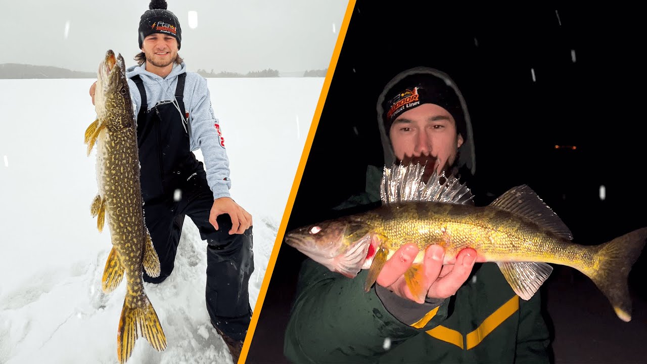 Ice Fishing Walleye in a WINTER BLIZZARD! (12" of SNOW + 45mph WINDS ...