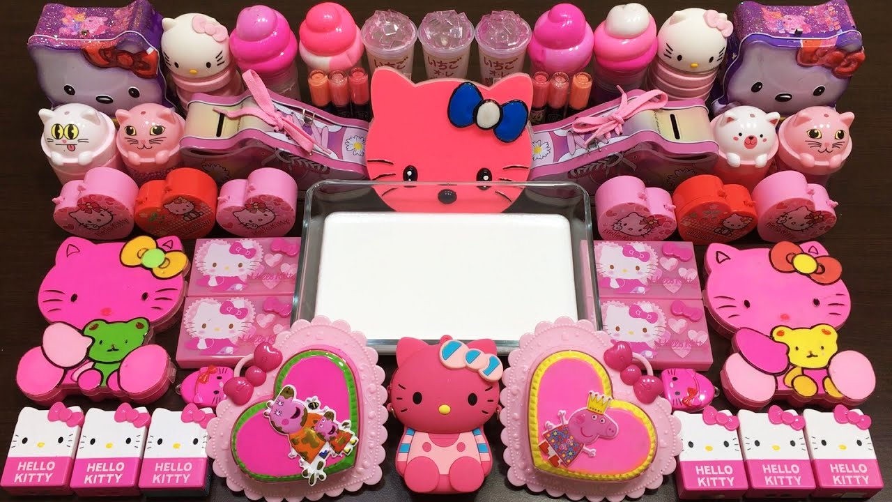 Pink Hello Kitty Slime | Mixing Makeup and Glitter into Slime ASMR ...