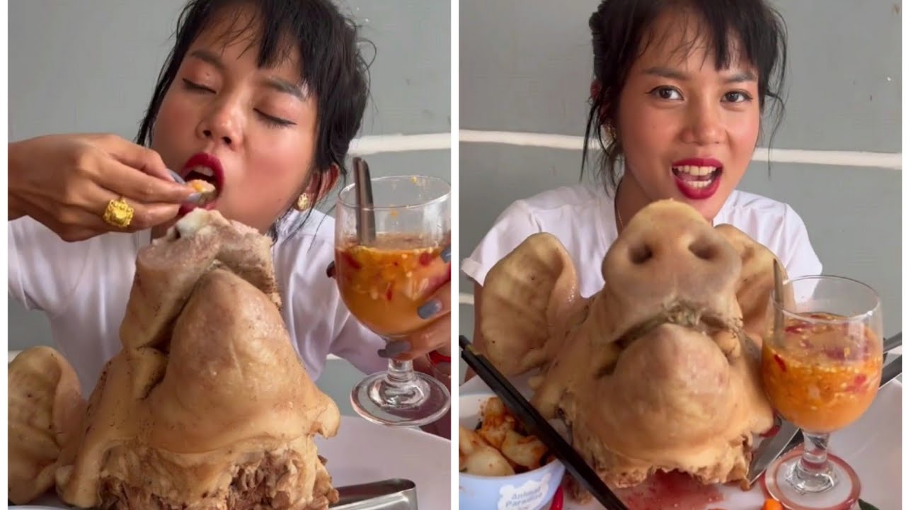 MUKBANG | PRETTY GRIL EATING ROASTED HEAD PORK WITH SAUCE CHILI | Asmr ...