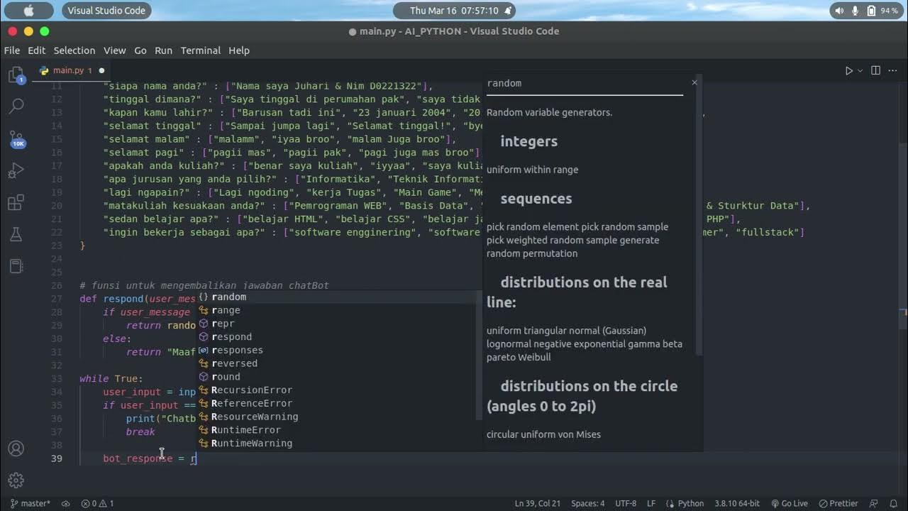 Membuat chatBot sederhana dengan python AI) - YouTube