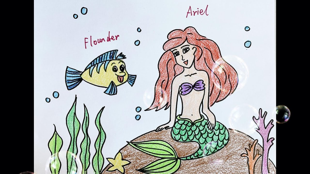 DISNEY PRINCESS DRAWING #1How to draw THE LITTLE MERMAID ARIEL&FLOUNDER ...