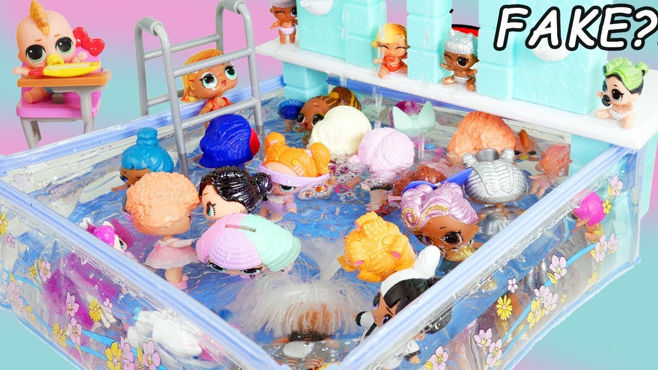 Pool Party in Barbie Waterfall Pool with FAKE LOL Surprise Dolls Boy ...