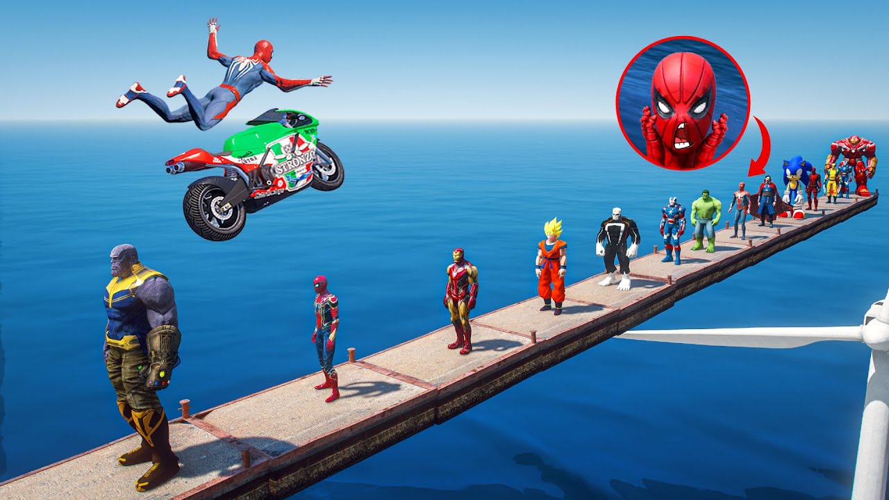 TEAM SPIDERMAN Jump Over All Superheroes and Performing Motorcycle ...