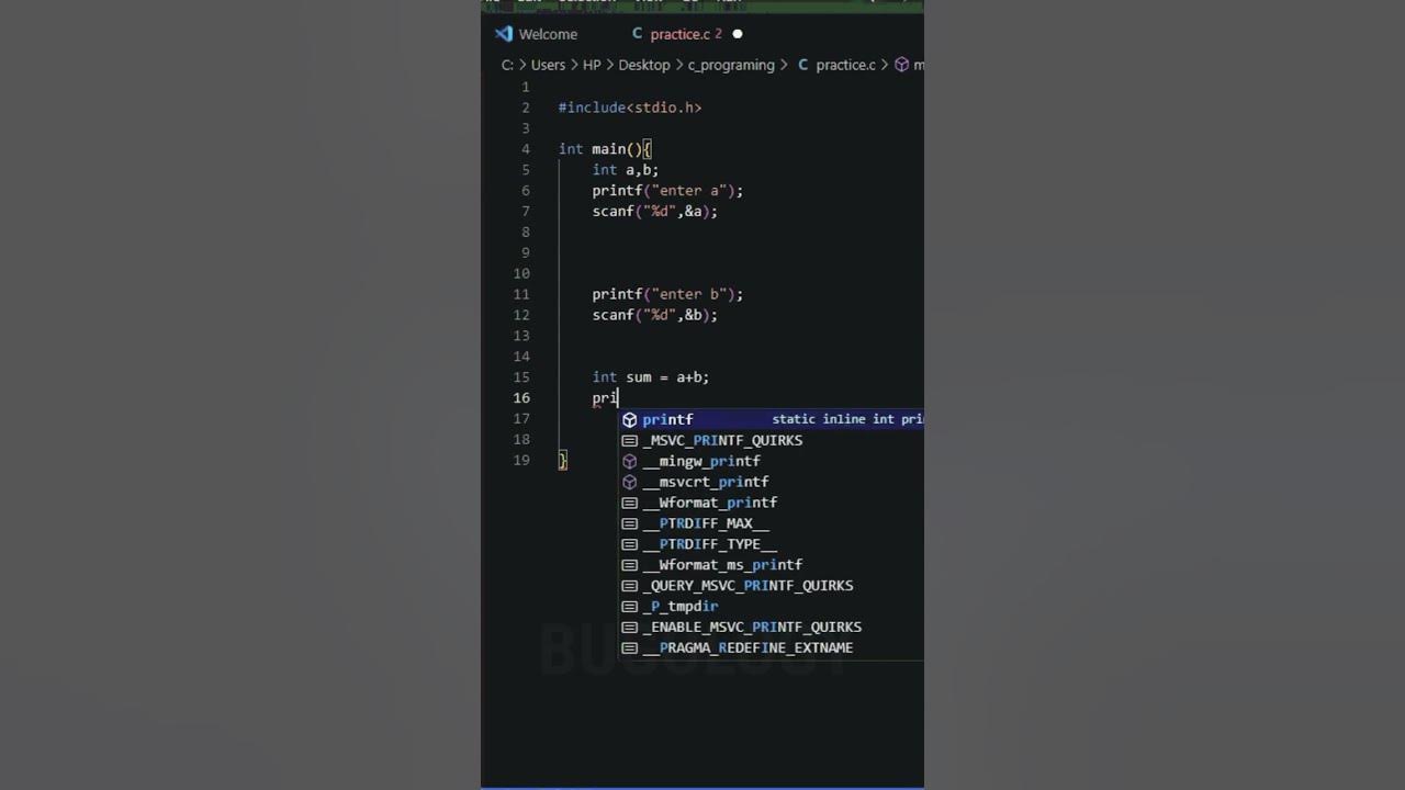 C language to add two numbers in vs code program| #bugology # ...