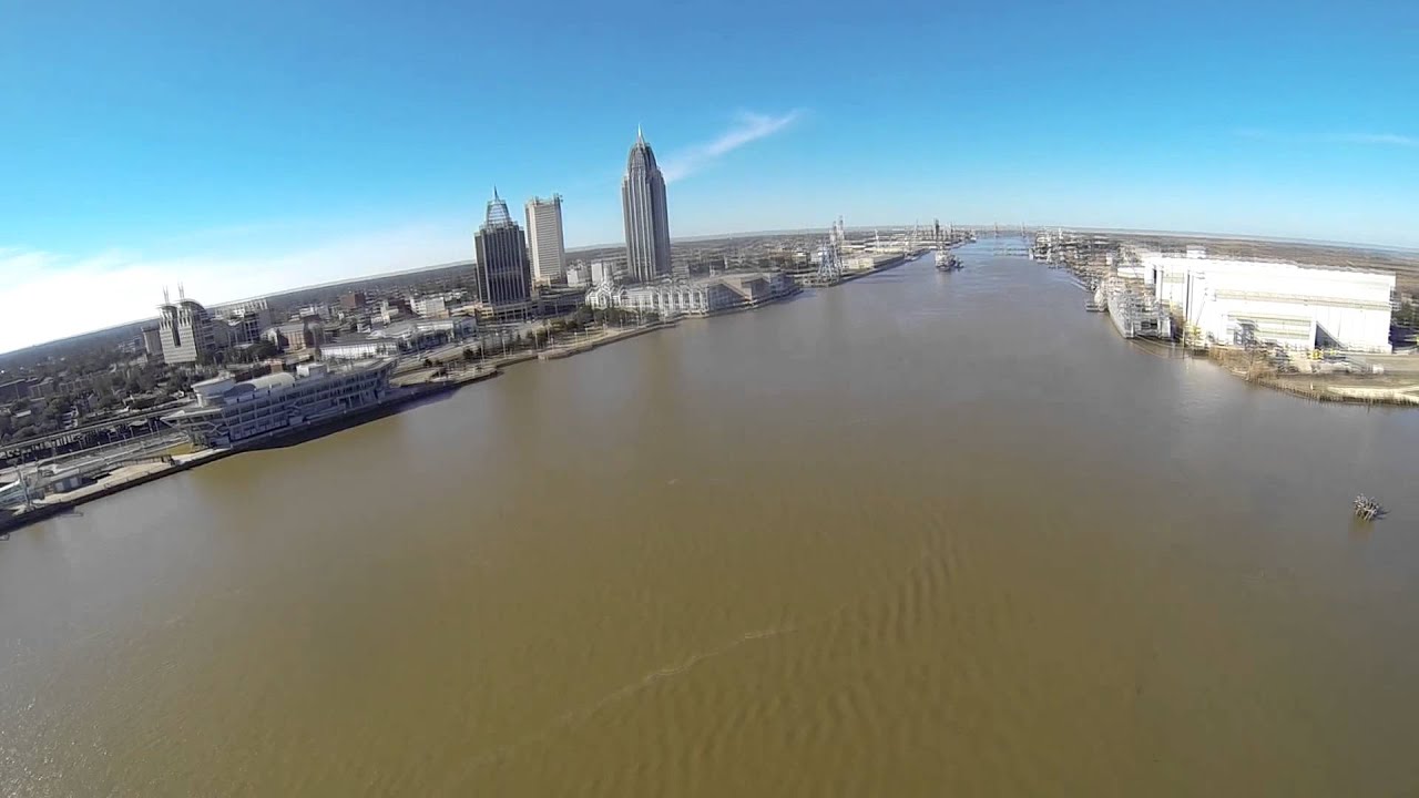 Downtown Mobile, over the Mobile River from the Air - YouTube