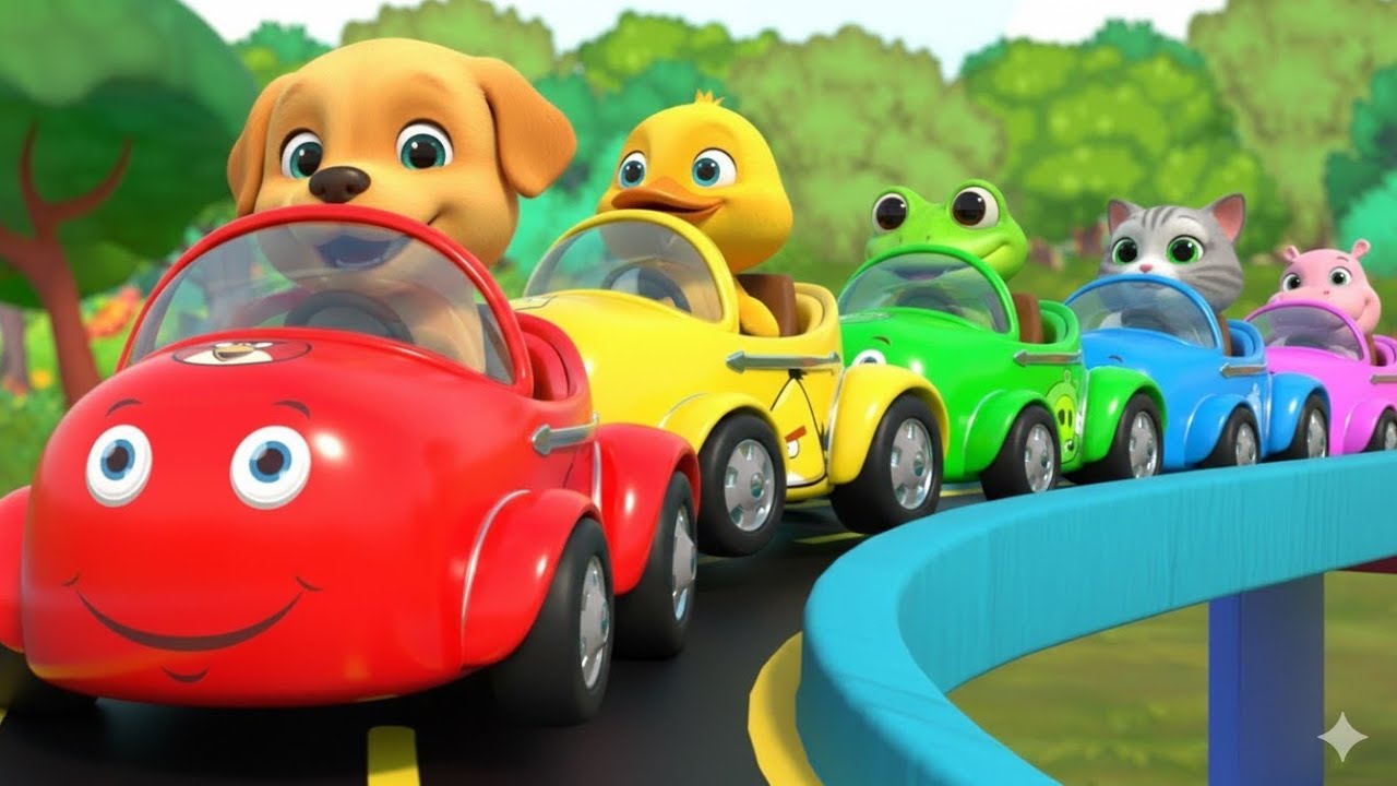 Five Little Cars Go Round and Round! 🐾 Animal Sounds Song | Wheels on ...