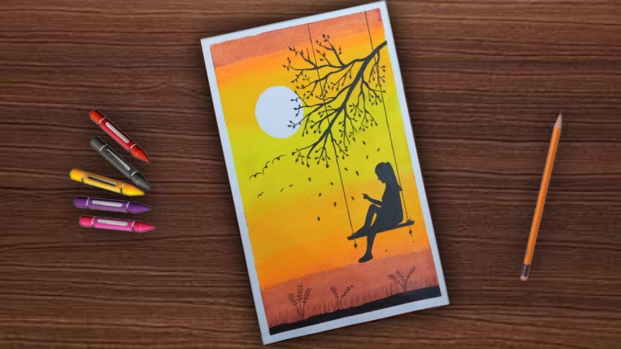 Girl Sunset Scenery Drawing / Oil Pastel Drawing for Beginners / Step ...