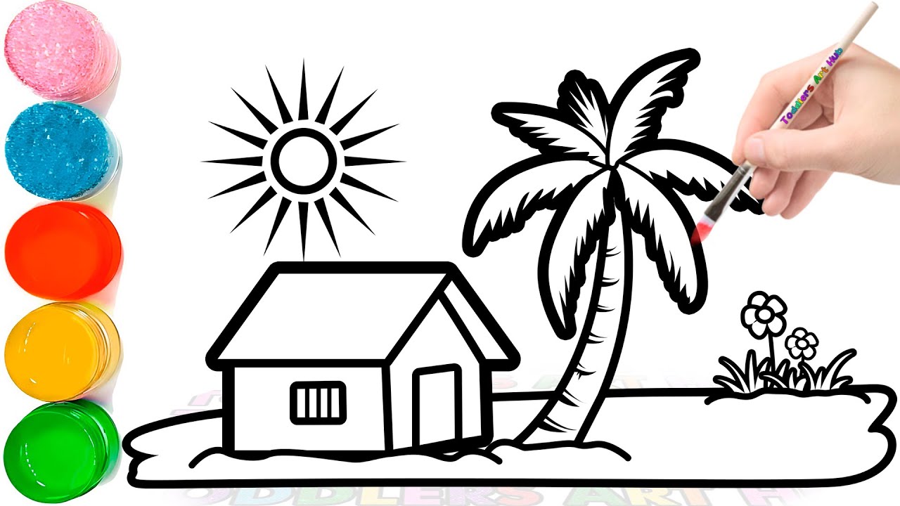 How to Draw a House and Coconut Tree | Easy Scenery Drawing for Kids ...