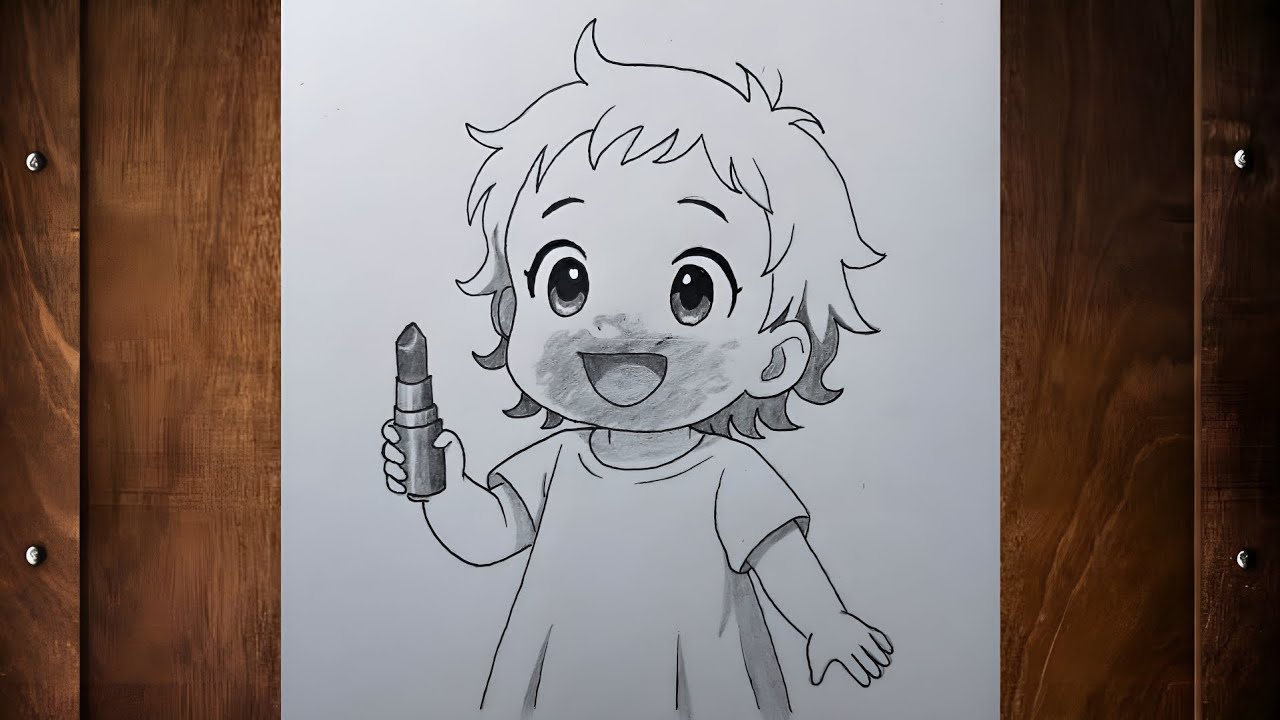how to draw cute baby anime girl playing with lipstik - YouTube