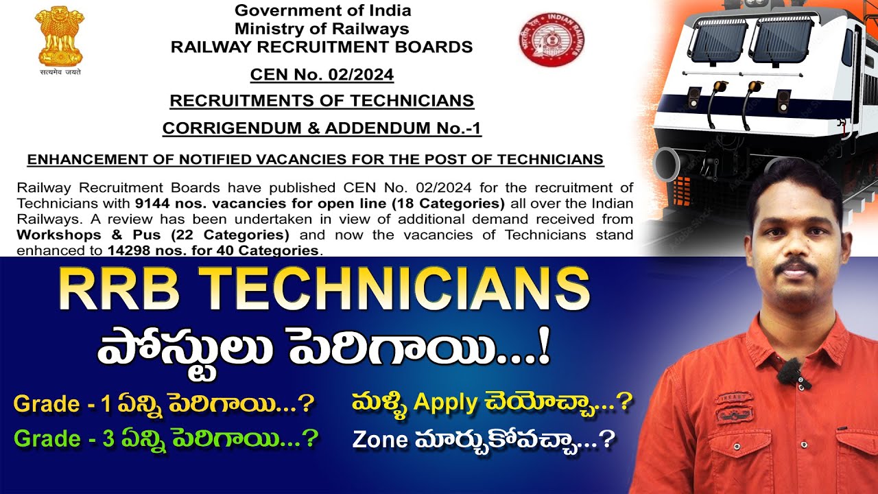 RRB Technician Vacancy Increased Notice 2024||14298 Post RRB Technician ...