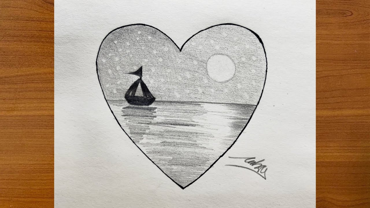 Heart scenery drawing | how to draw a beautiful scenery in heart ...