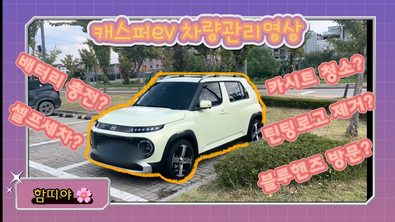 캐스퍼ev 차량관리영상 카시트 클리너 공기압 경고등 냉각수 경고등 틴팅로고 제거 배터리 충전 셀프세차 안전점수
