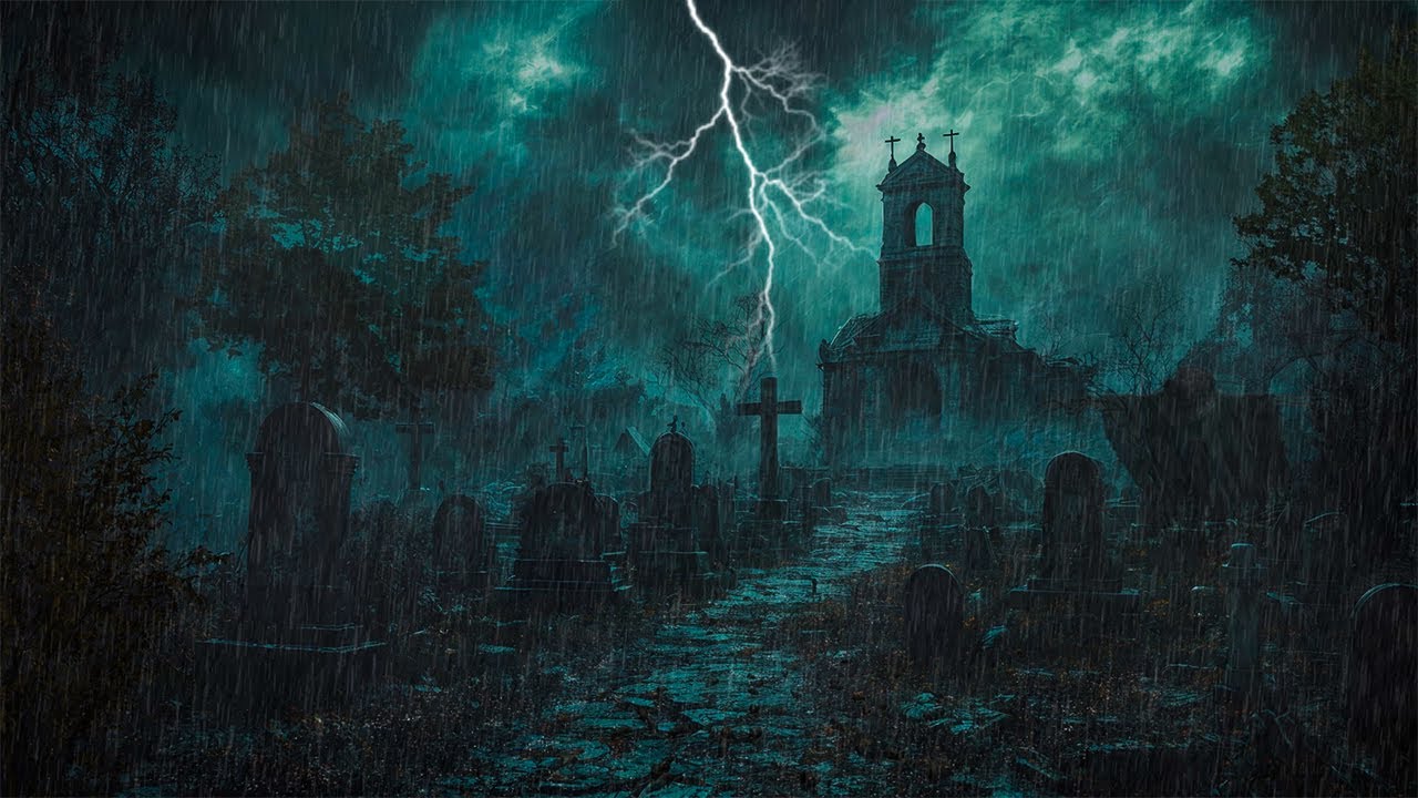 Eerie Haunted Cemetery on Halloween Night with Rain,Thunder & Lightning ...