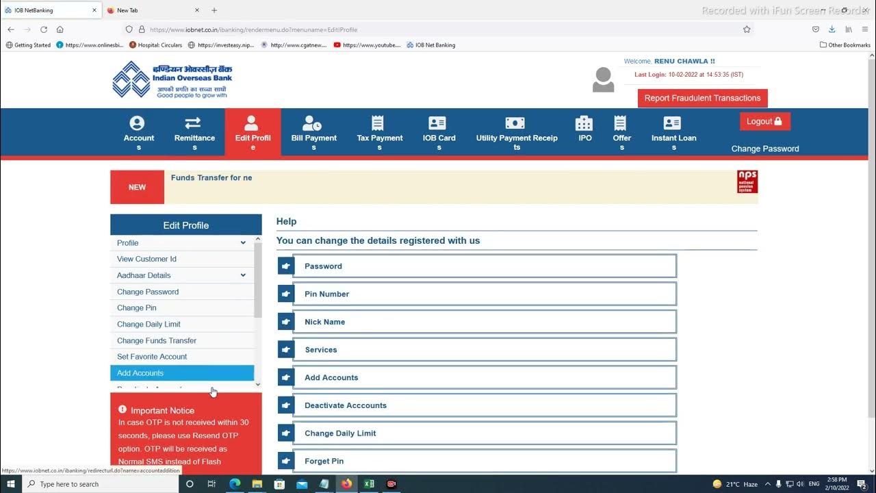 iob how to change daily limit - YouTube