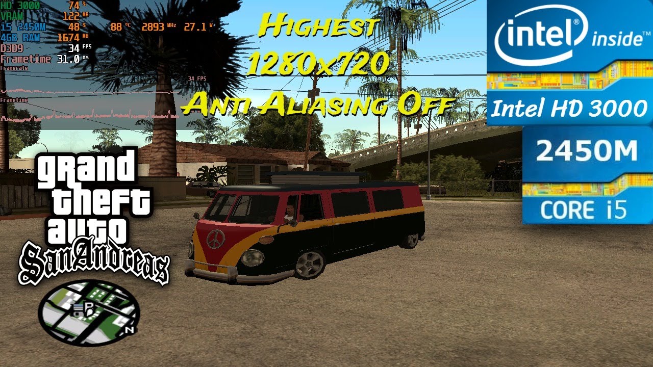 GTA SA : HD3000 + i5 2450M | Highest 1280x720 (Anti Aliasing Off) - YouTube