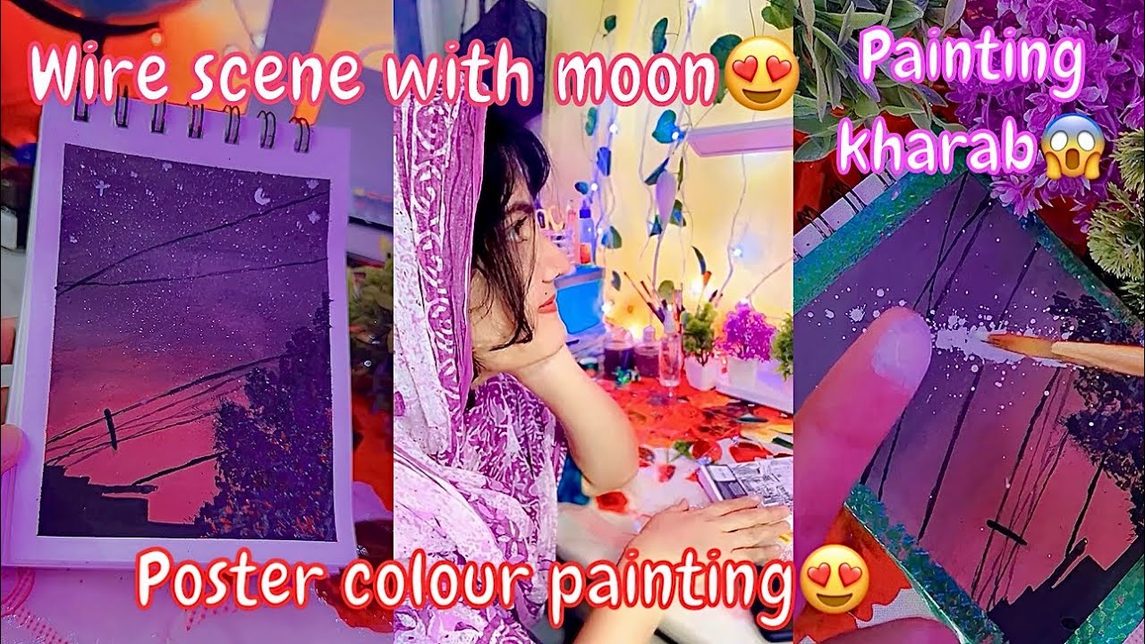 Moon scene painting | Poster colour Painting | night scene painting ...