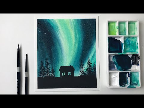 Water Coloring Painting Tutorial | Northern Lights Forest | Watercolor ...