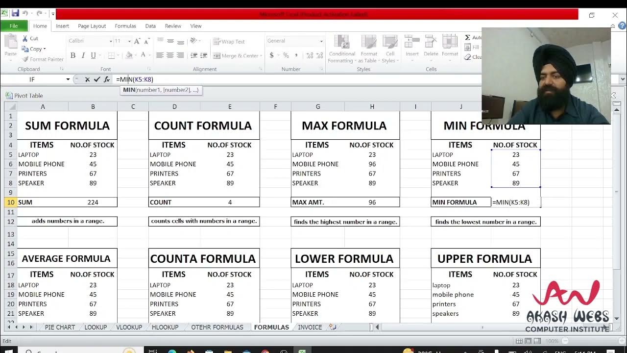 MS-EXCEL | Basic Formulas of MS-EXCEL | Akash Webs Computer Institute ...