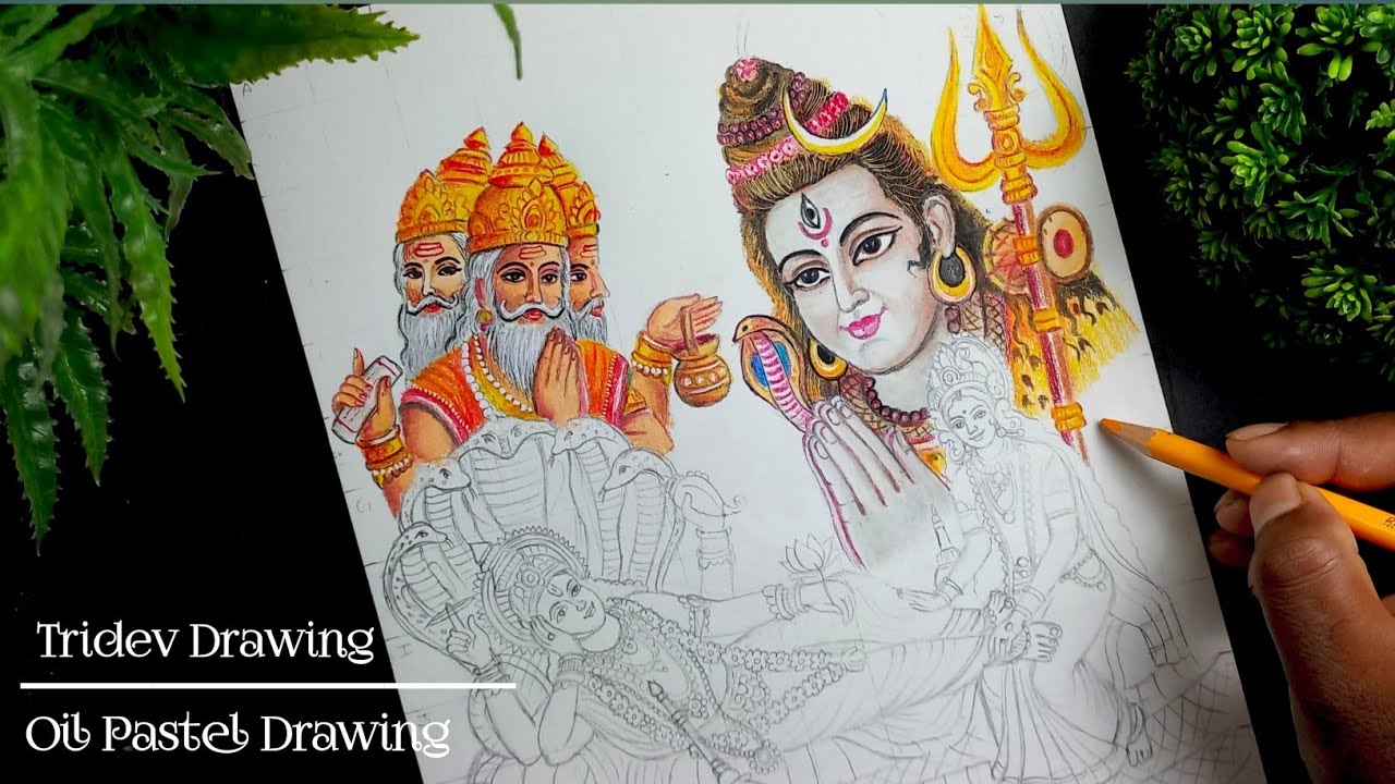 Tridev drawing, Mahadev Drawing, Oil pastel drawing, How to draw,Bramha ...