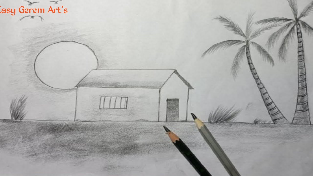 Sunset Drawing With Pencil || How To Draw Sunset Scenery For Beginners ...