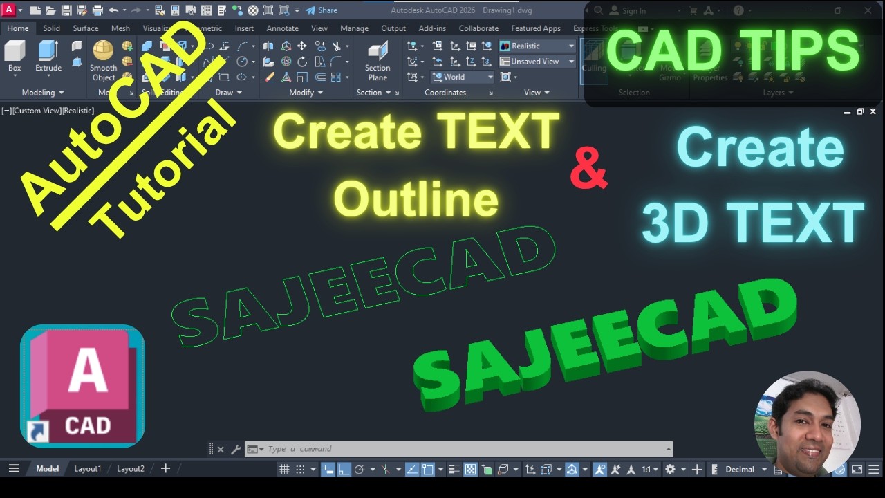 How to Create Text Outline & 3D Text in AutoCAD - YouTube