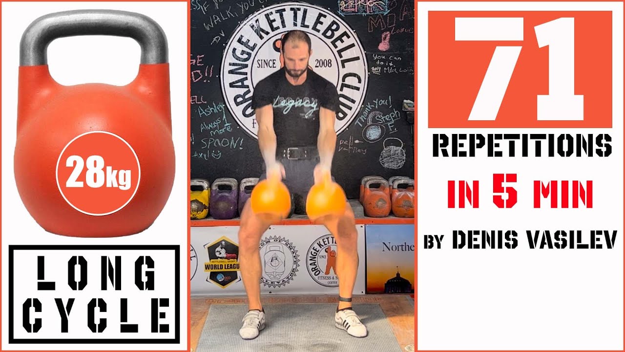 71 reps LONG CYCLE 2 x 28kg kettlebells in 5min by Denis Vasilev - YouTube