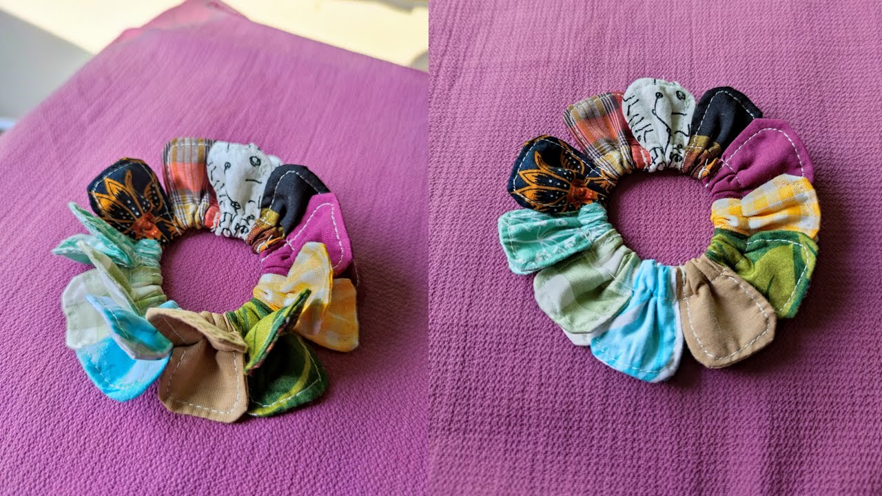 flower scrunchie from patchwork, scrunchie bunga dari kain perca - YouTube