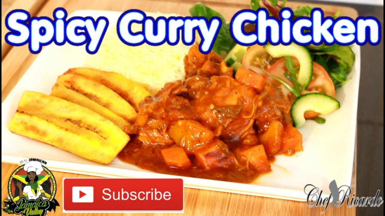 Spicy Curry Chicken With Coconut Rice. Salad At The Side. Fry Plantains ...