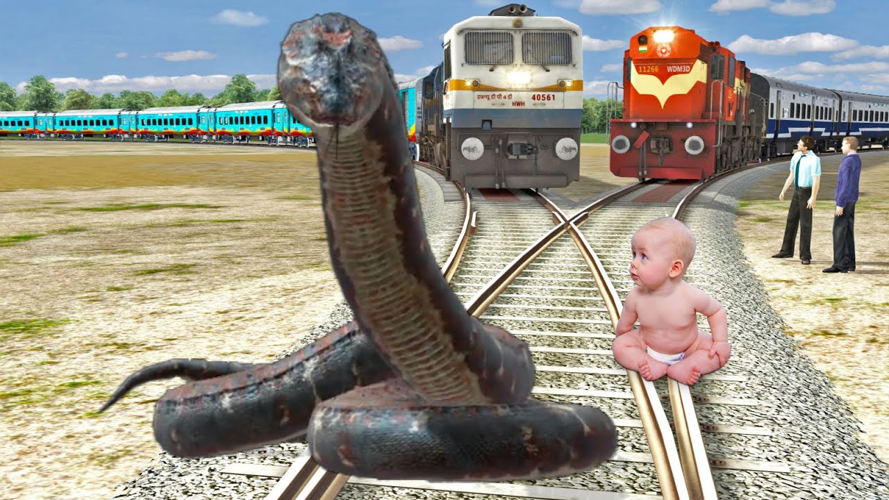 ANACONDA & BABY vs Two Diesel Trains :-: Stops the train | Train ...